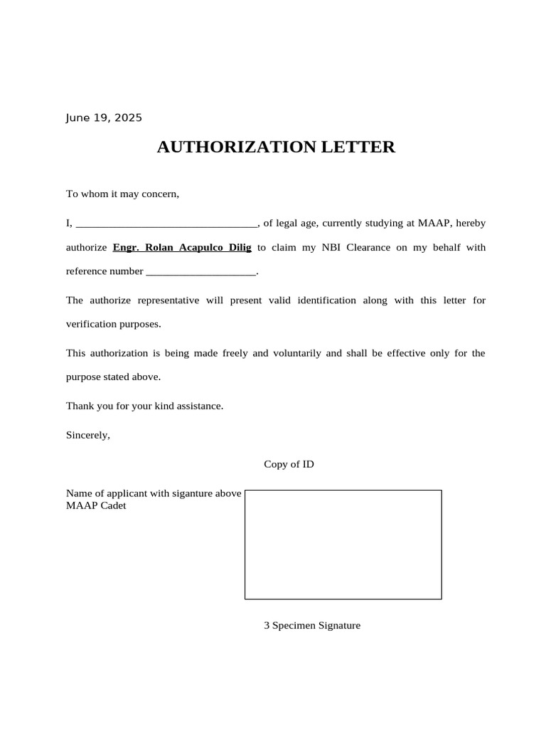 Authorization Letter NBI | PDF