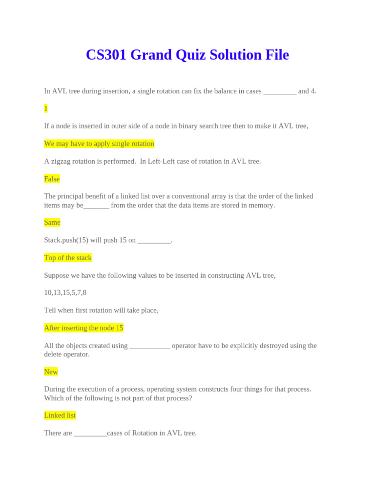 Cs301 Grand Quiz Solution File | PDF | Queue (Abstract Data Type) | Algorithms And Data Structures