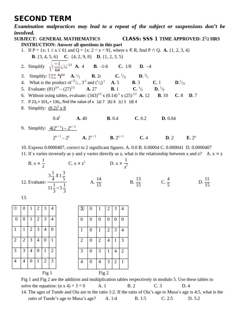 Ss 1 Second Term Mathematics Examination | PDF | Circle | Quadratic Equation