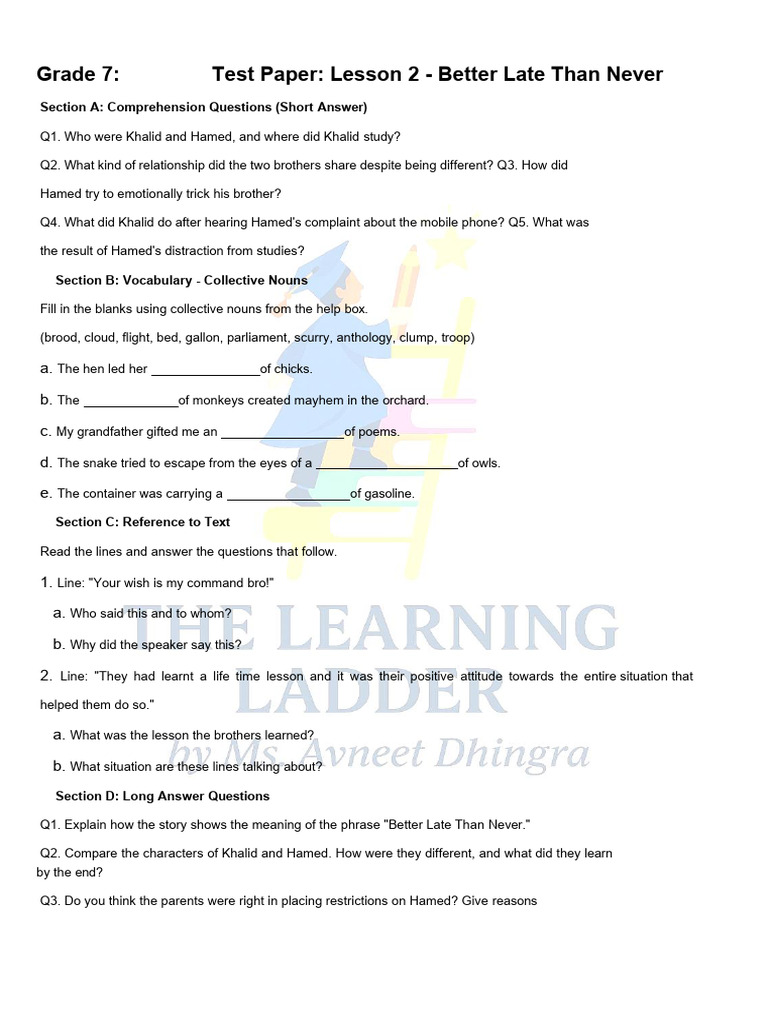 Grade 7 Test: Better Late Than Never | PDF