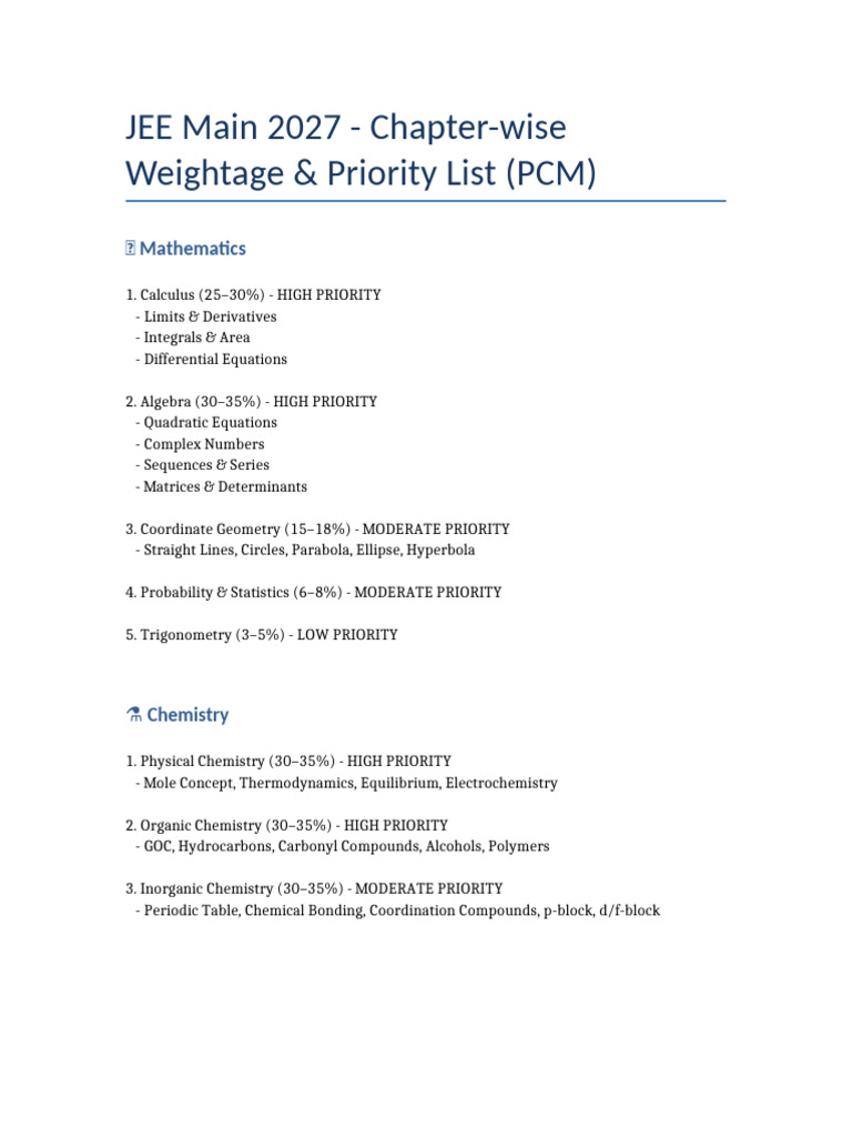 JEE Main 2027 PCM Chapterwise Weightage | PDF