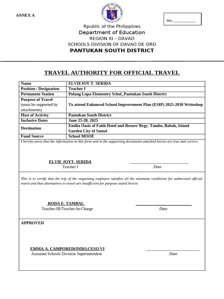 Travel Authority For Official Travel Pfes June 25-28-2025 | PDF ...
