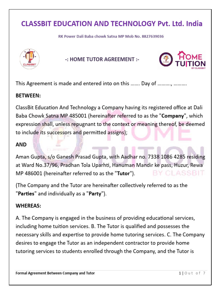 Home Tutor Agreement Template | PDF | Indemnity | Private Law