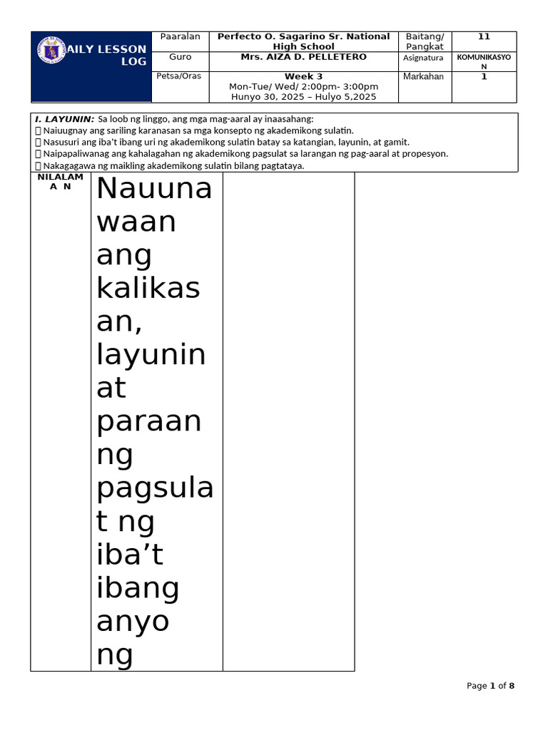 DLL-Filipino WEEK 3 GRADE 11 | PDF