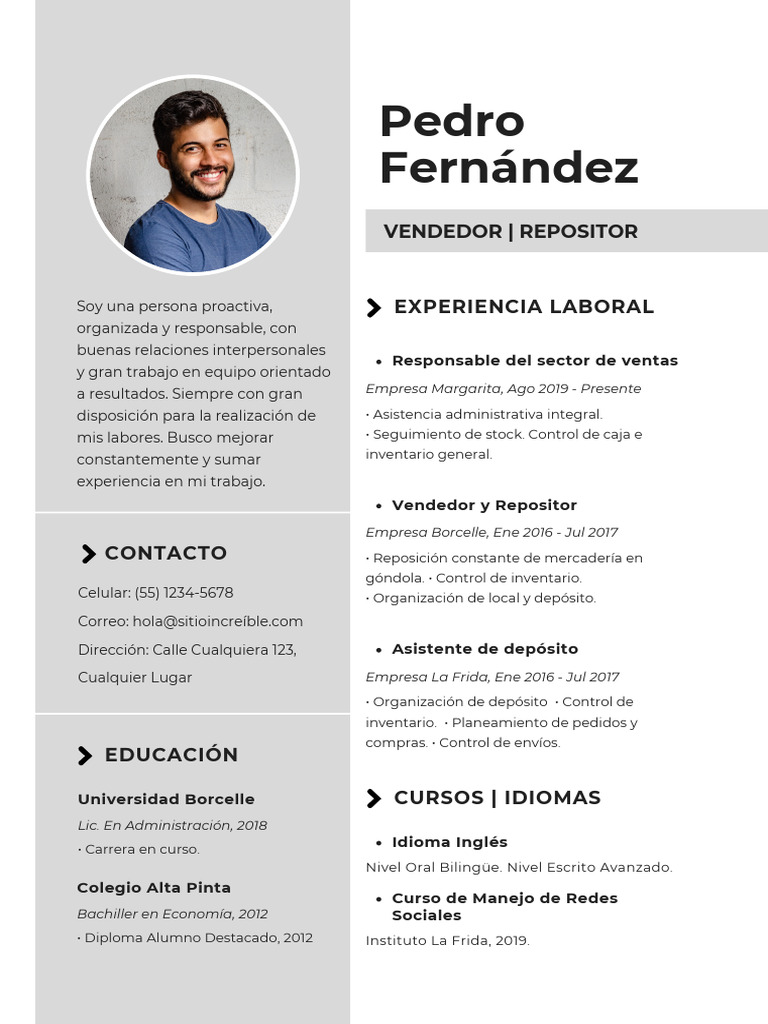 Curriculum Vitae CV Vendedor y Repositor Moderno Gris y Blanco PDF | PDF