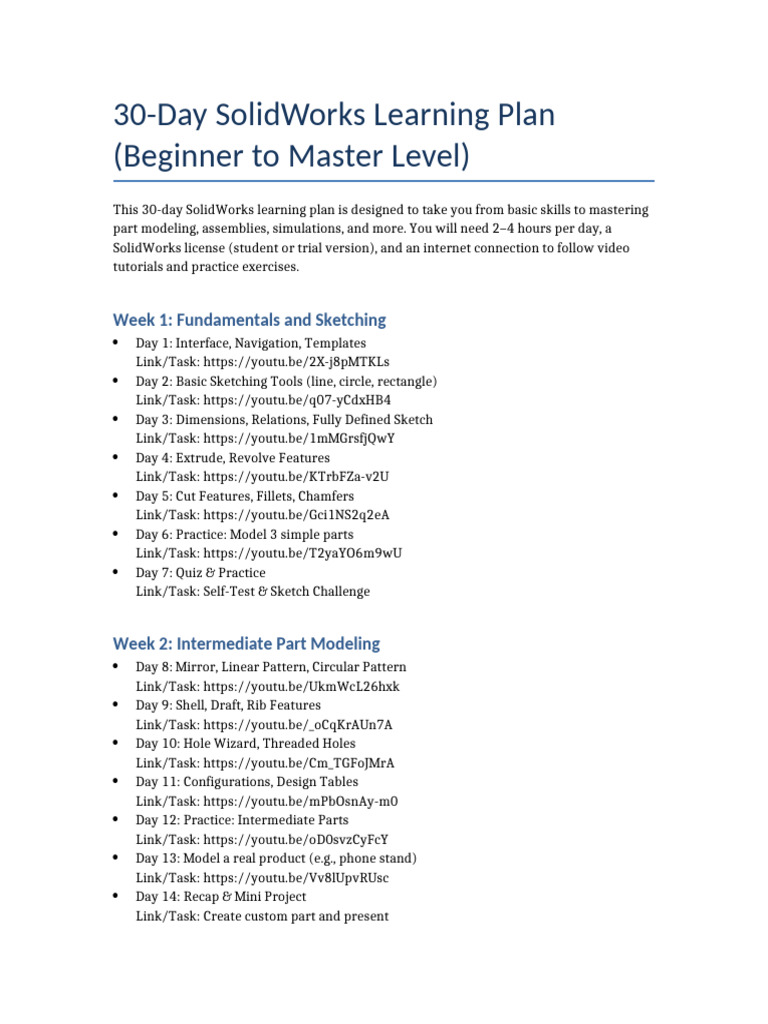 SolidWorks 30 Day Learning Plan | PDF | 3 D Computer Graphics