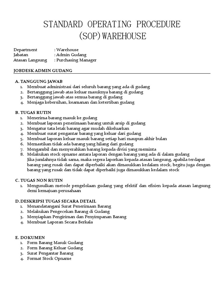 Sop Jobdesc Warehouse | PDF