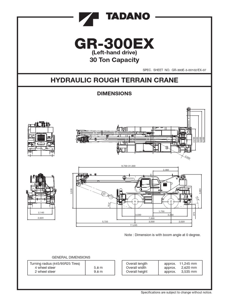 Tadano GR-300EX Crane Specifications | PDF | Crane (Machine) | Axle