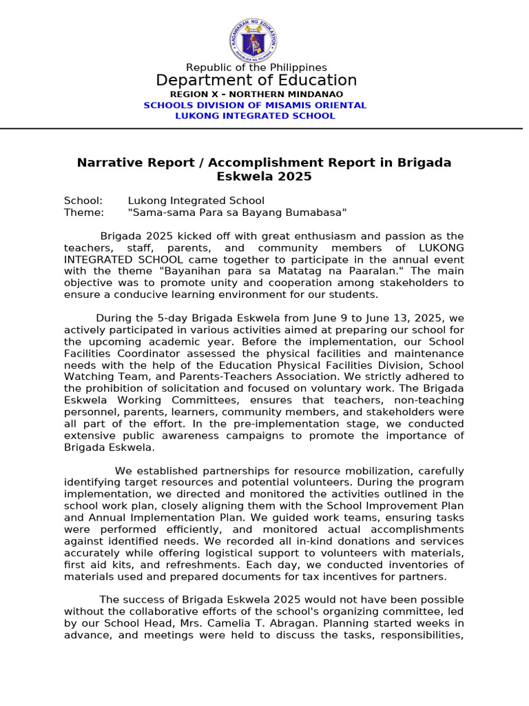 BE Narrative Report & Accomplishment Report | PDF | Volunteering | Teachers