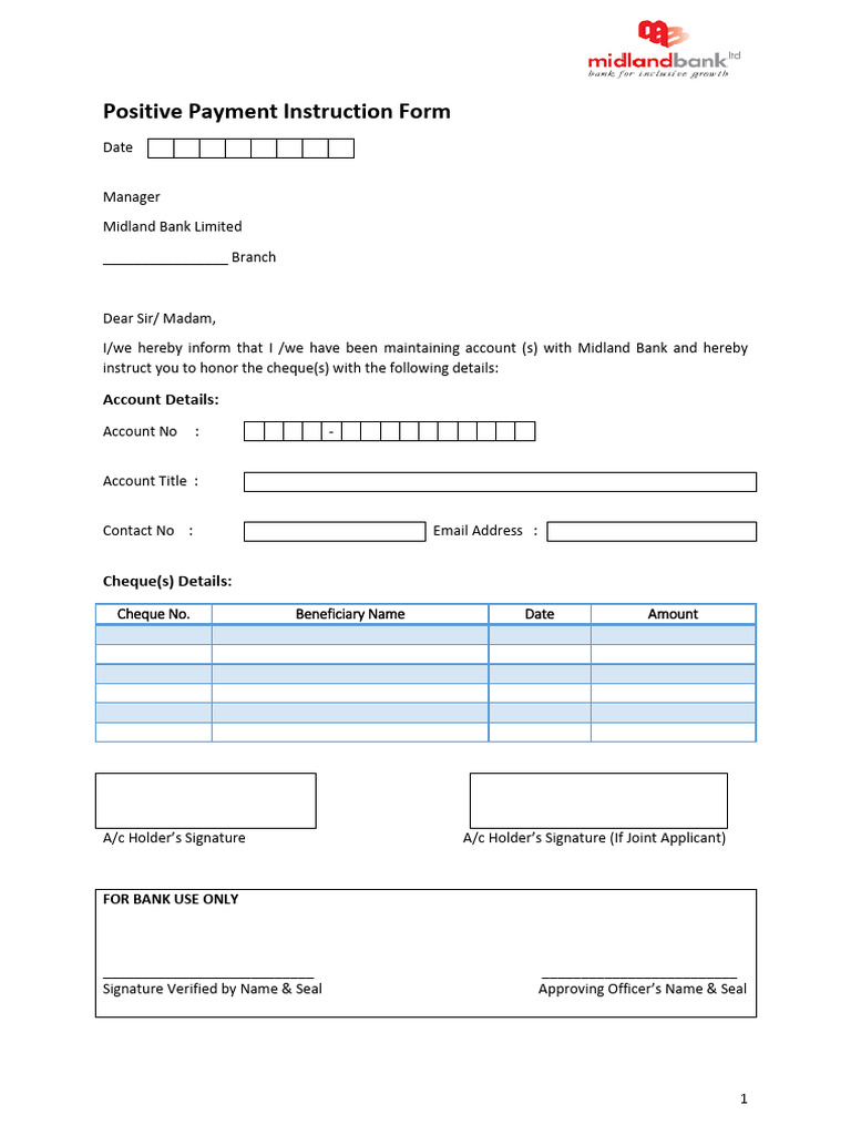 Positive Pay Instruction Form | PDF