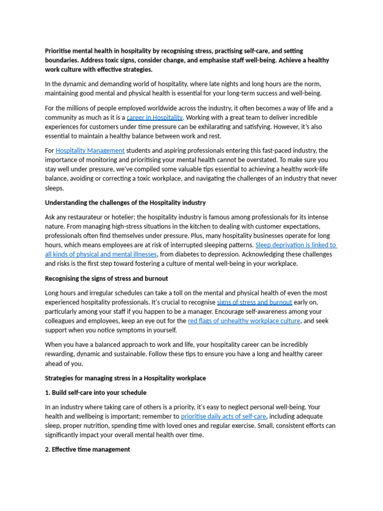 Prioritise Mental Health in Hospitality by Recognising Stress | PDF ...