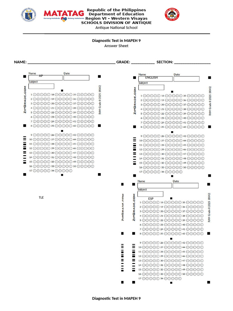 Answer Sheet Grade 8 2025 | PDF