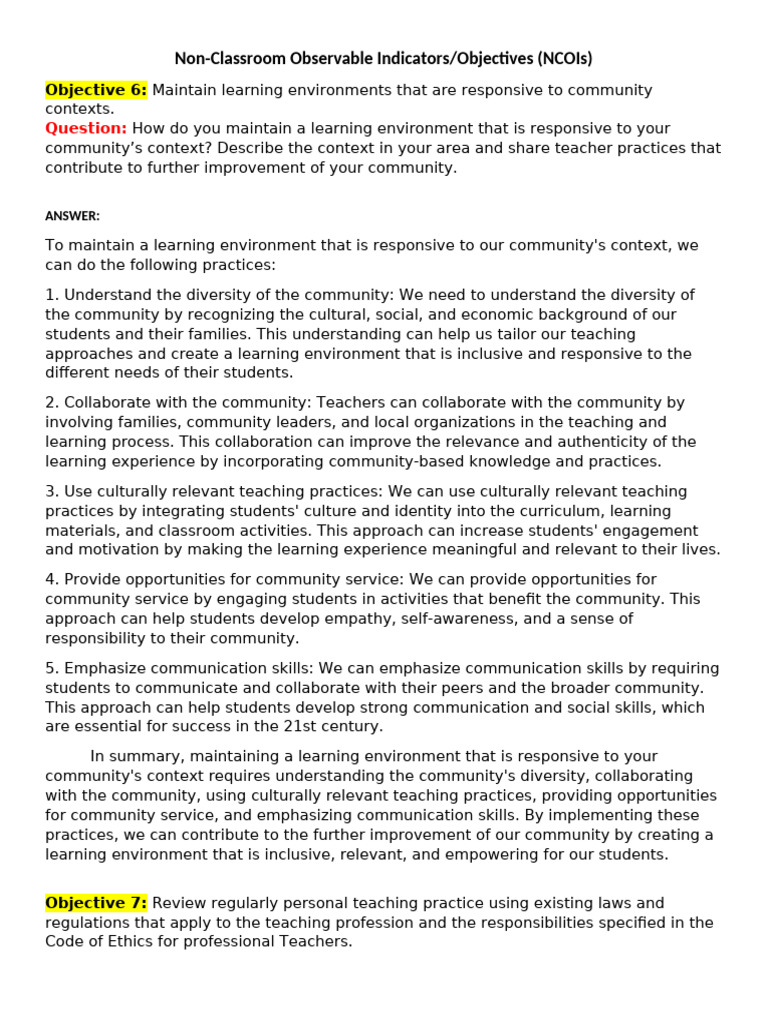 Ipcrf Objectives 6 9 Set 4 Answers | PDF | Teachers | Learning