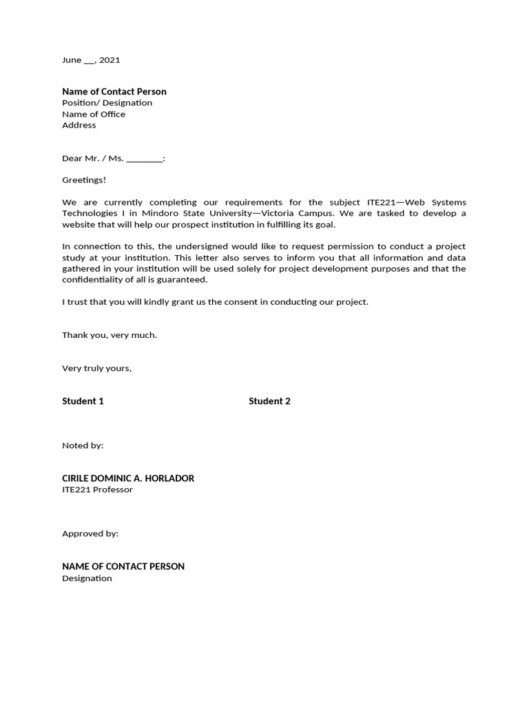 Letter of Request To Conduct Project Study | PDF