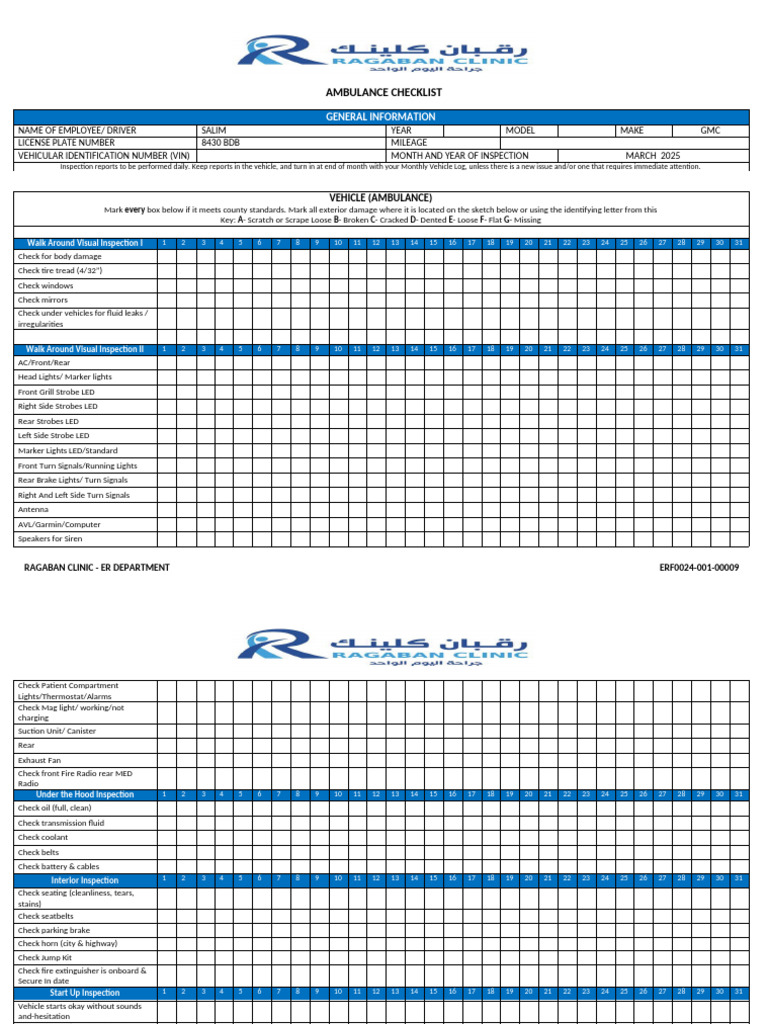 Ambulance (Vehicle) Checklist | PDF | Vehicles | Land Vehicles