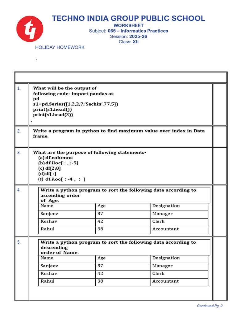 Worksheet On Dataframe For Summer Holiday May June 2025 | PDF | Computer Programming | Cricket