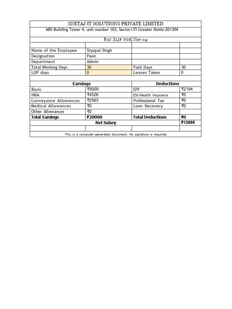 November 2024 Pay Slip for Styapal Singh | PDF