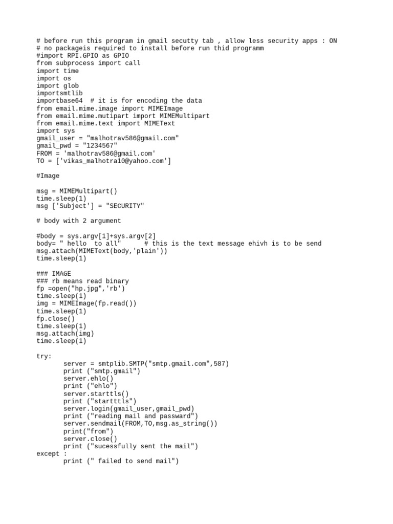 Python Program For Respberrypi To Send Text Sms and e Image Using SMTP | PDF