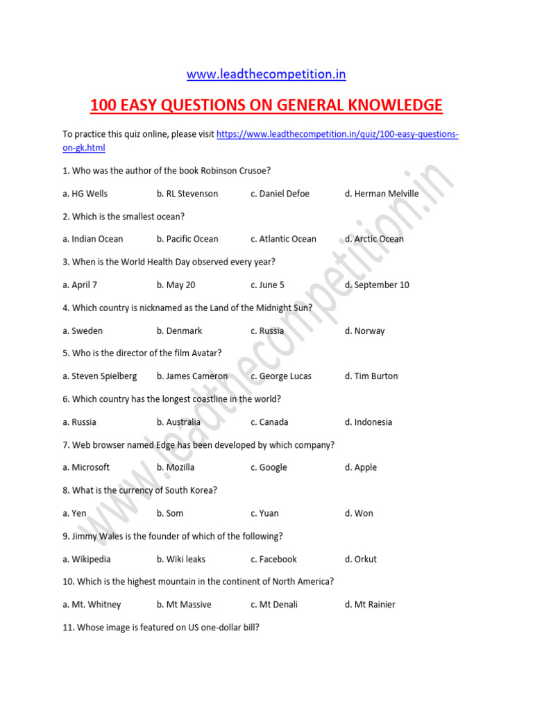 100 Easy General Knowledge Questions | PDF