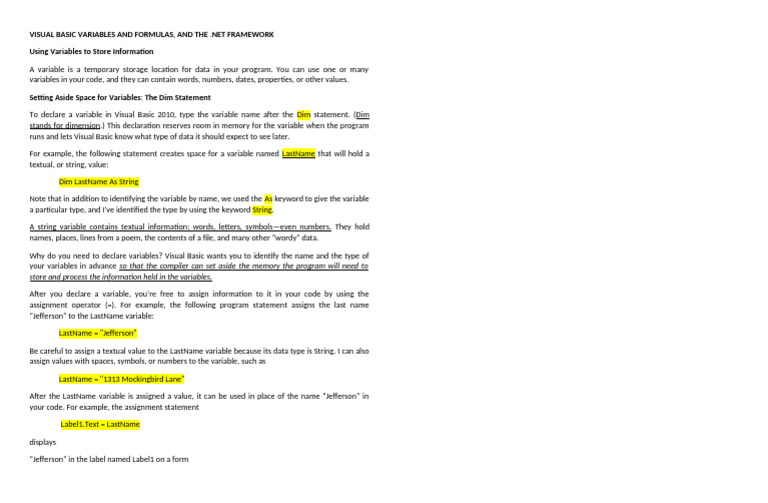Visual Basic Variables and Formulas | PDF