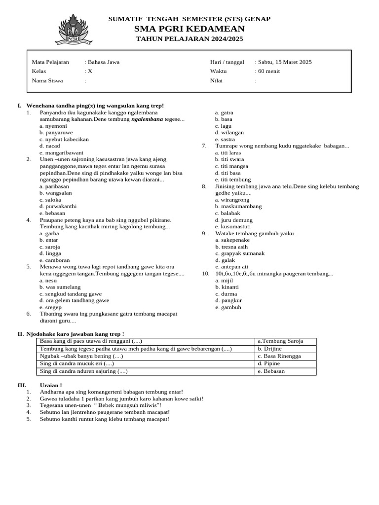 Sts Baja X, Xi, Xii Smapida Genap2025 | PDF