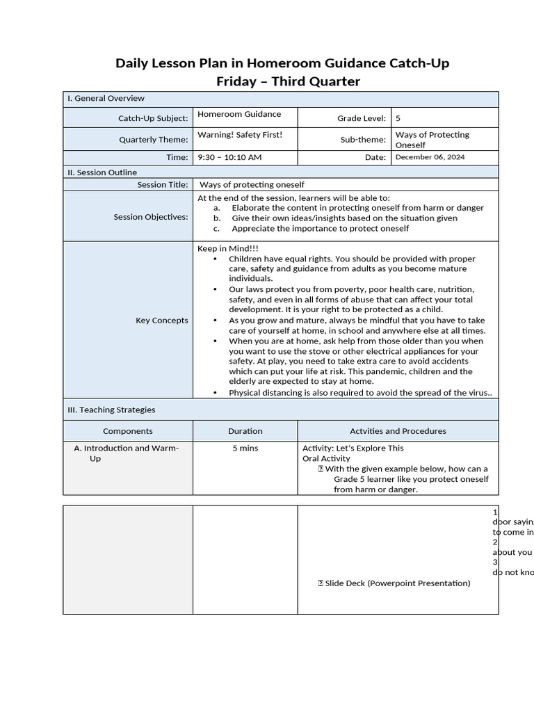 Grade 5 Homeroom Guidance Safety Plan | PDF | Learning | Lesson Plan
