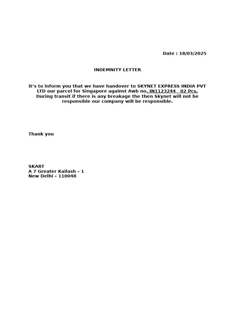 Indemnity Letter for Parcel Handover | PDF