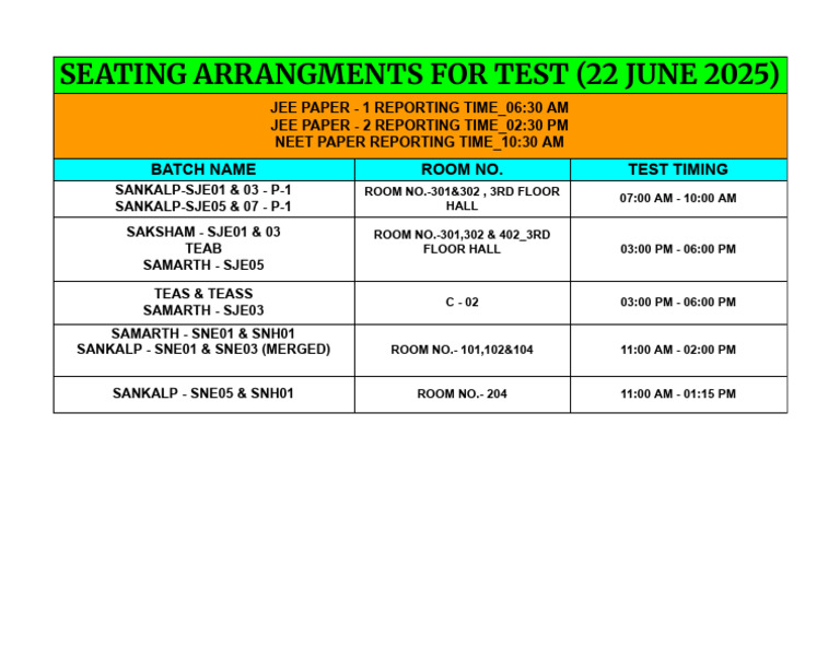 Seating Arrangments For Test (22 June 2025) - NB | PDF