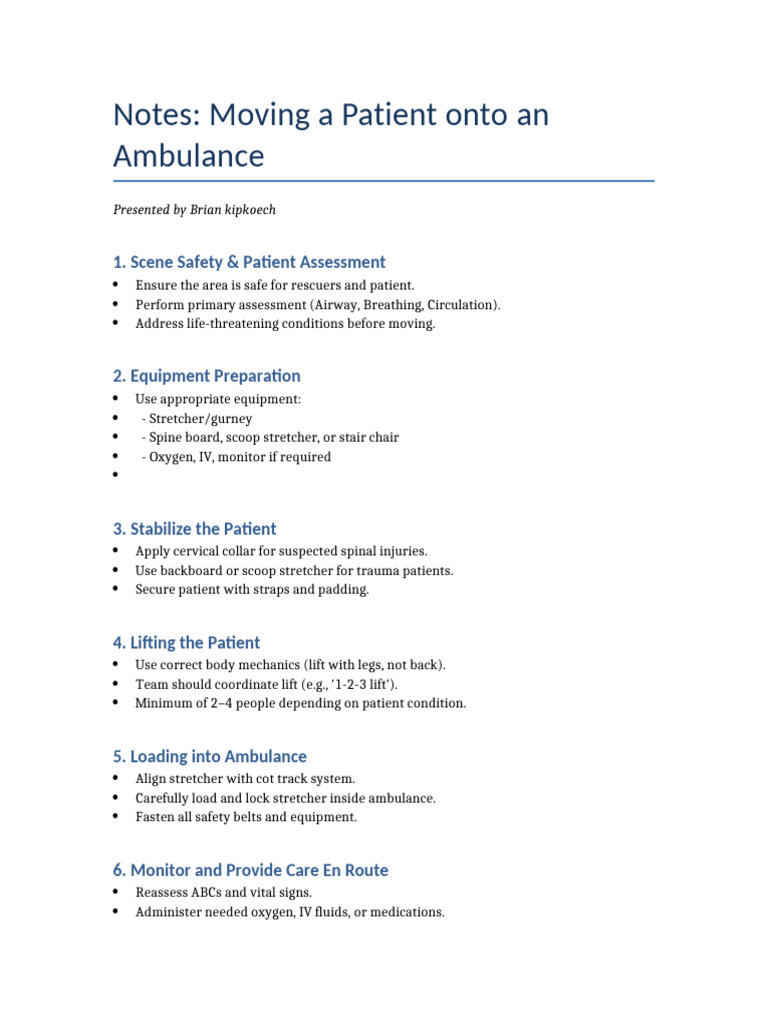 Moving Patient Onto Ambulance Notes | PDF