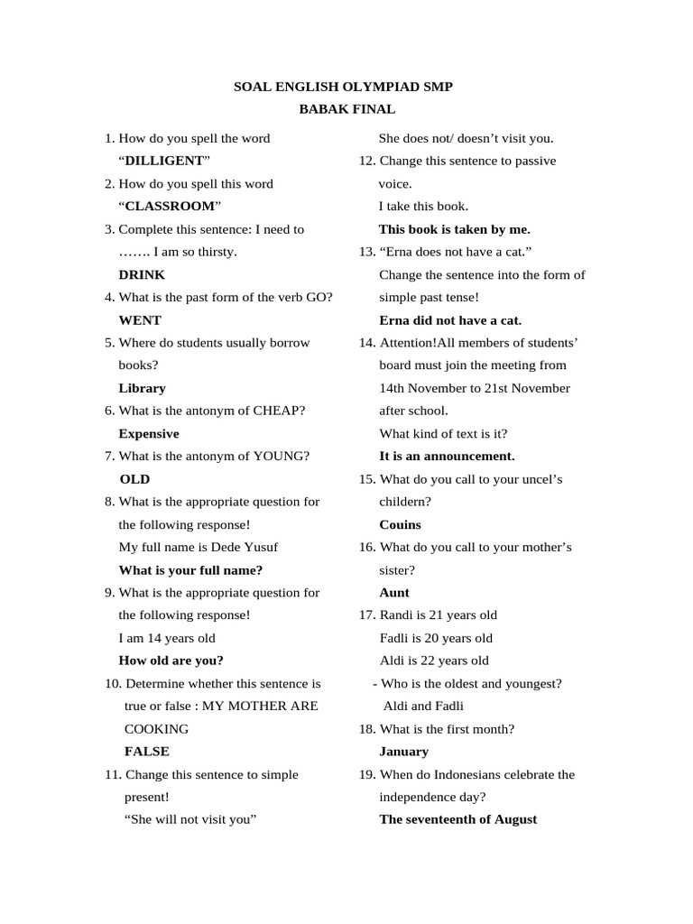 Soal English Olympiad SMP Babak Final | PDF | Syntax | Language Mechanics