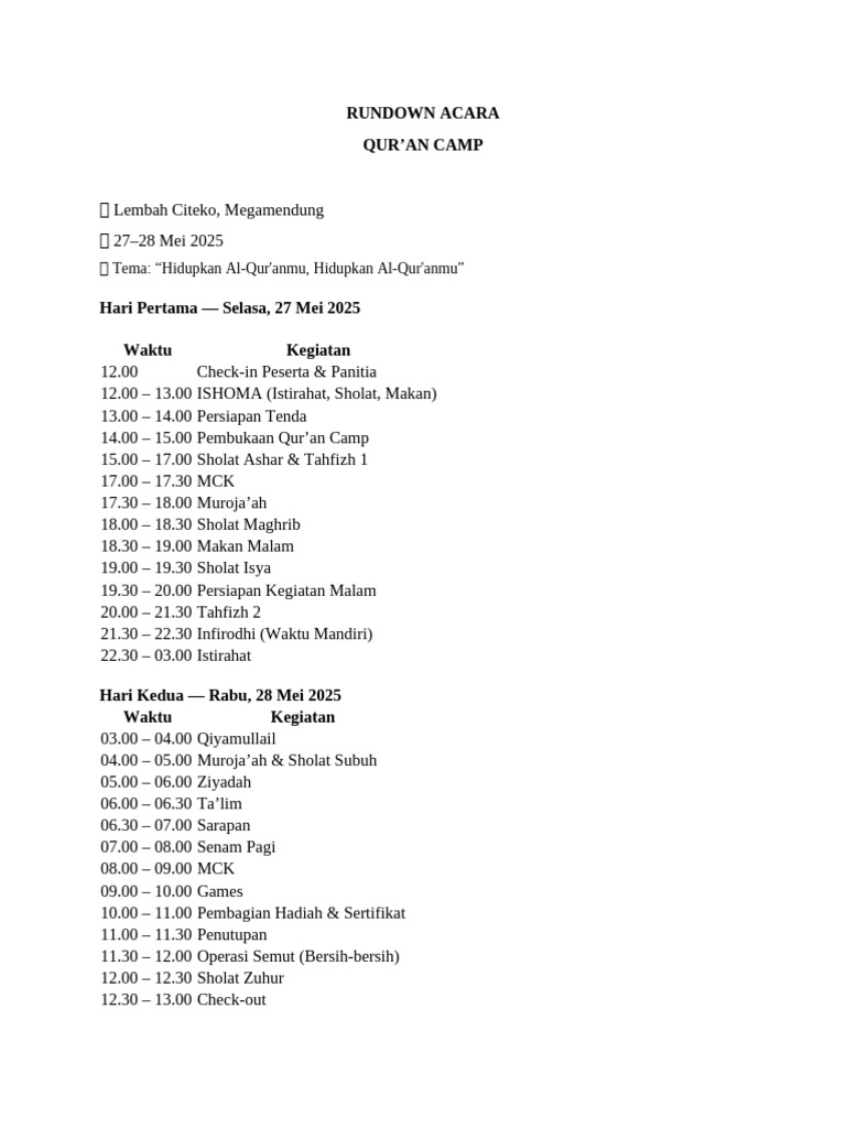 Rundown Acara Qur'an Camp. | PDF