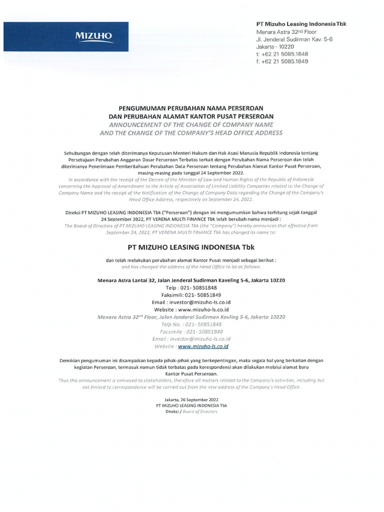 LC Pengumuman Perubahan Nama Perseroan Perubahan Alamat Perseroan | PDF