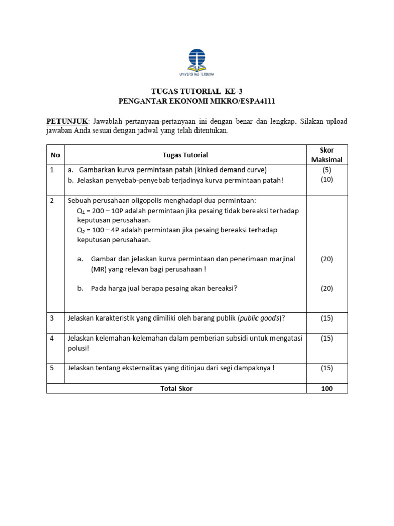 Tugas Tutorial 3 Pengantar Ekonomi Mikro 20250609 | PDF
