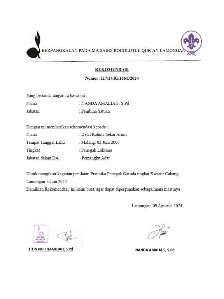 Surat Rekomendasi Gudep Arum | PDF