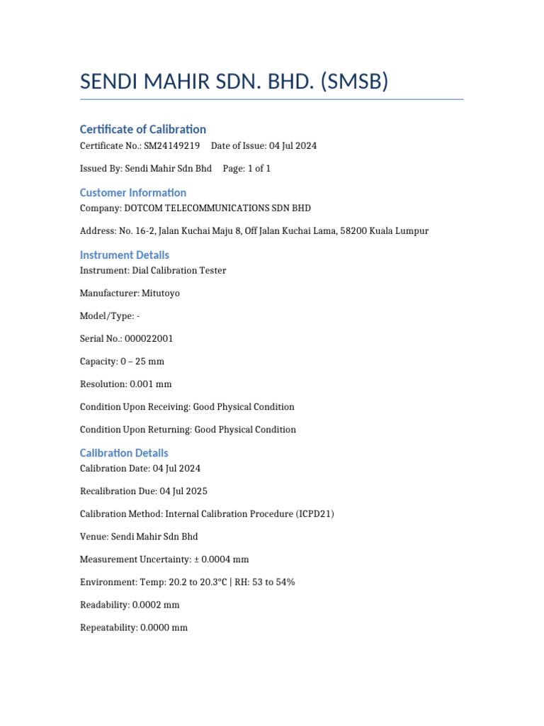 Certificate of Calibration SMSB | PDF