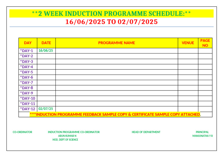 2 Week Induction Programme Schedule Pdf
