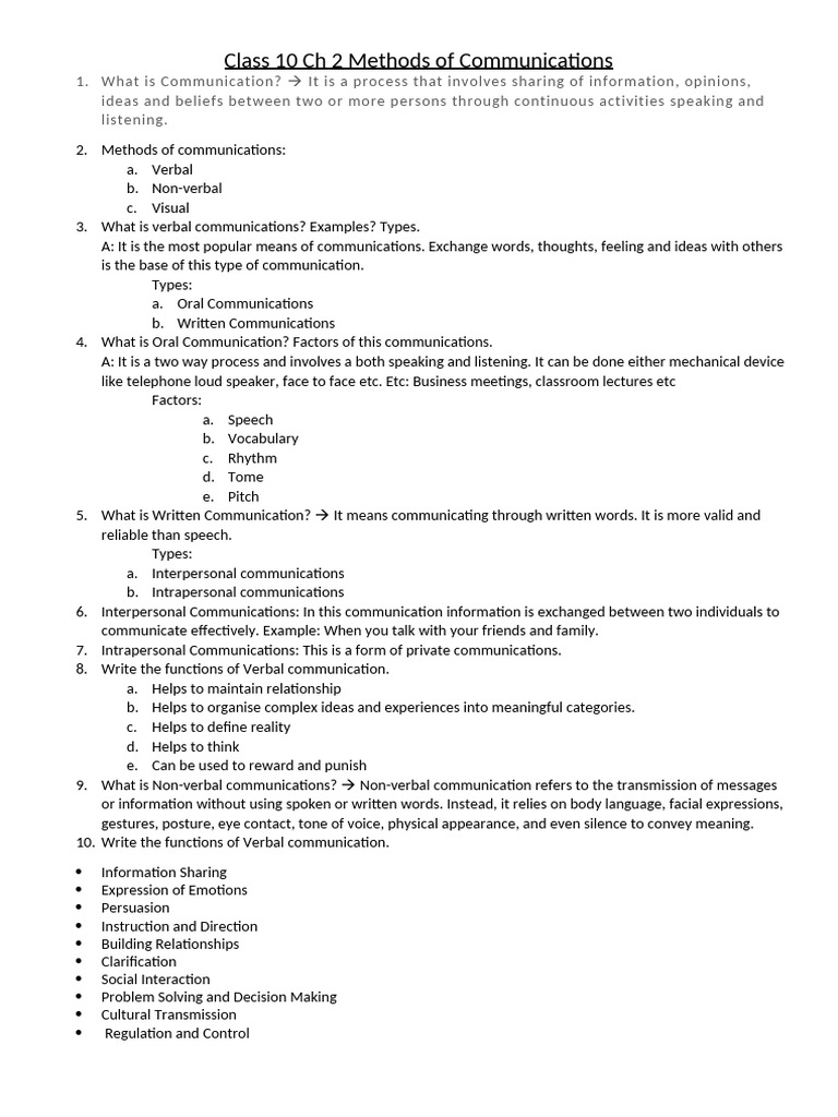 Class 10 Methods of Communication | PDF | Communication | Nonverbal ...