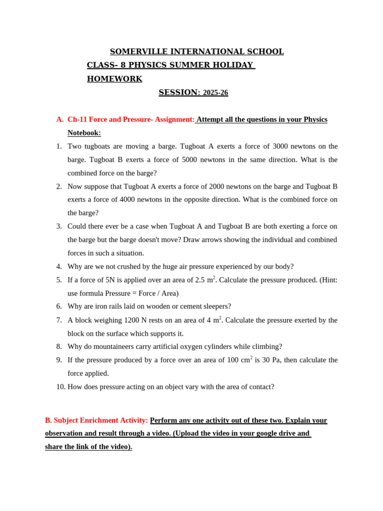 Class - 8 Physics Summer Holiday Homework 2025 | PDF | Force | Pressure