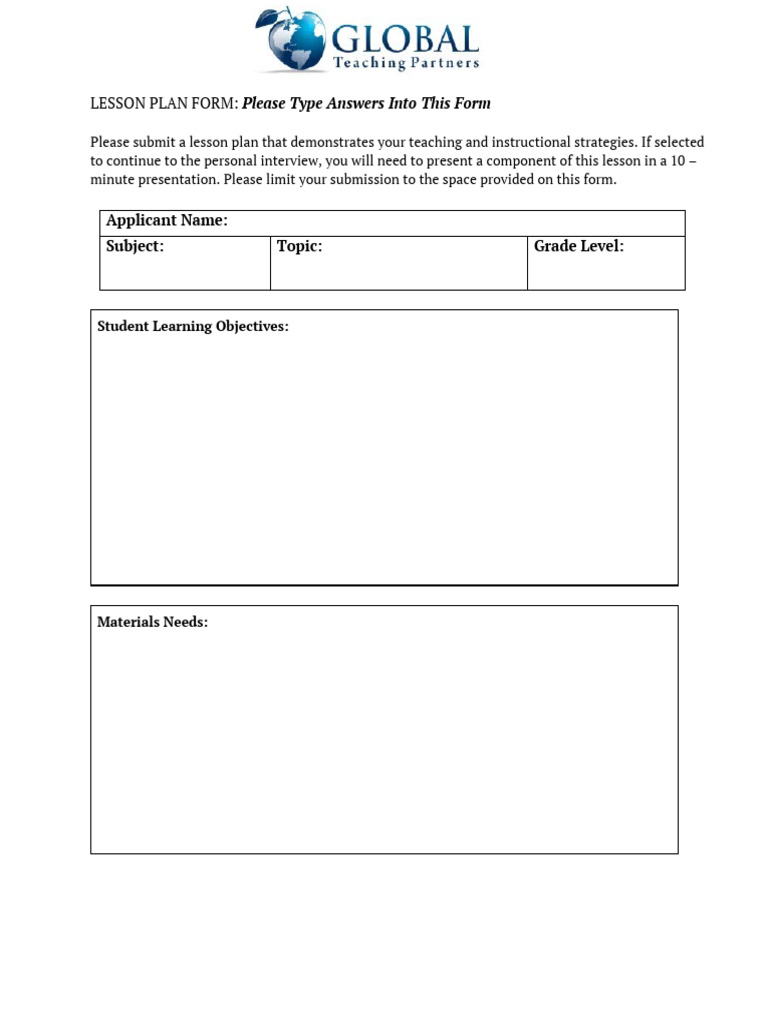 Global Teaching Partners - Lesson Plan Form | PDF
