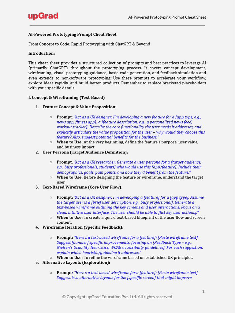 AI-Powered Prototyping Prompt Cheat Sheet (20 Prompts) | PDF | Software Prototyping | Prototype