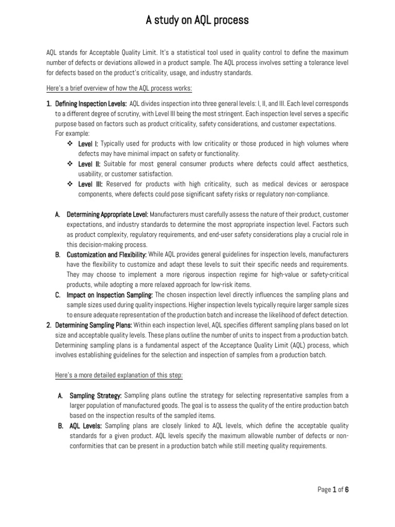 A Study On AQL Acceptable Quality Limit 11-02-24 | PDF | Sampling ...
