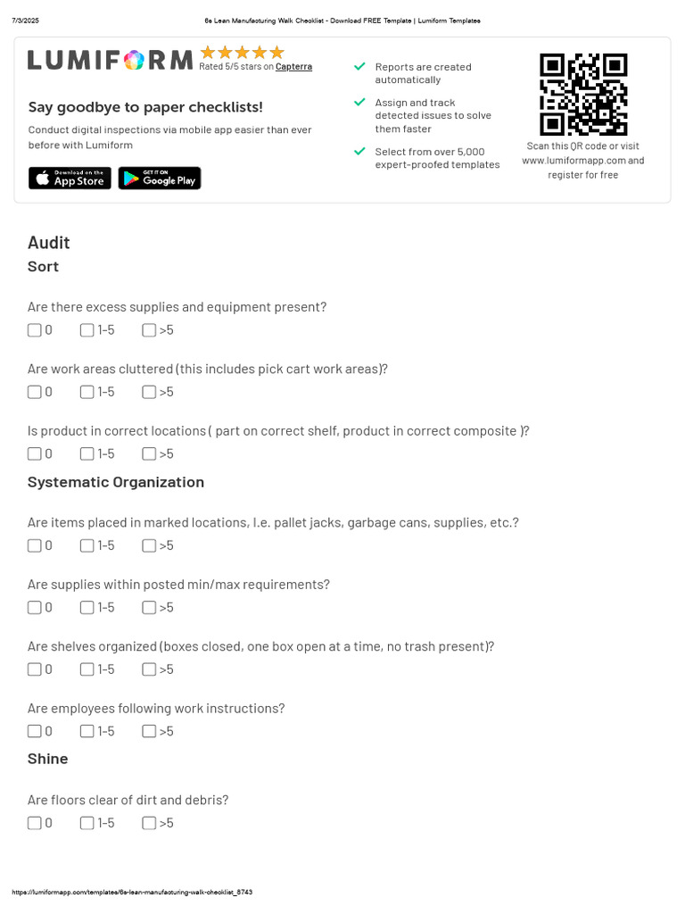 6S Lean Manufacturing Checklist Template | PDF | Forklift | Pallet