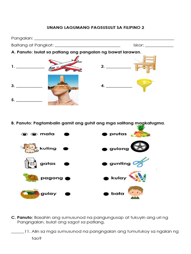 q1 1st Summative Test Filipino 2 Week 1 2docx | PDF