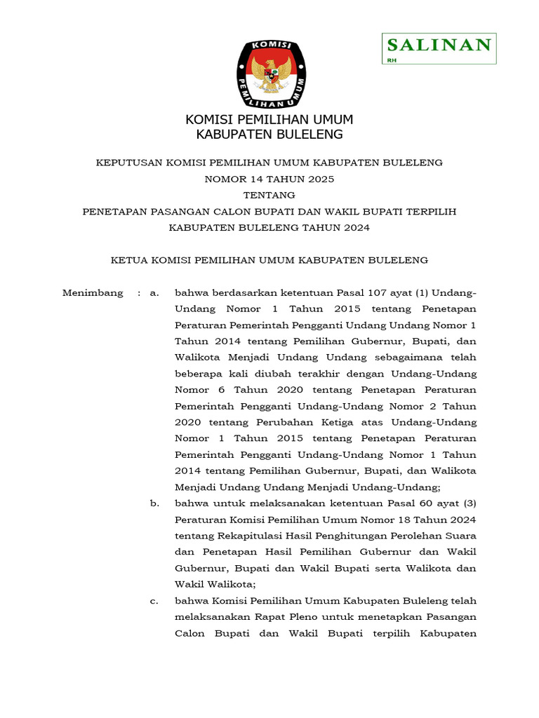 Penetapan Bupati Terpilih Buleleng 2024 | PDF