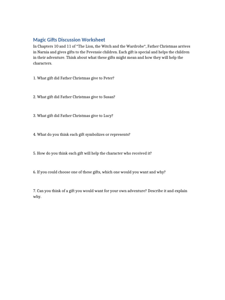 Magic Gifts Discussion Worksheet | PDF