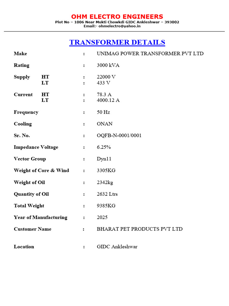 Transformer Commisioning Test Report | PDF | Transformer | Voltage