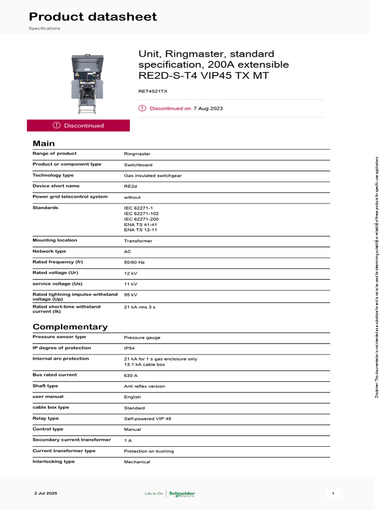 Schneider Electric Ringmaster RET4S21TX | PDF | Transformer | Electricity