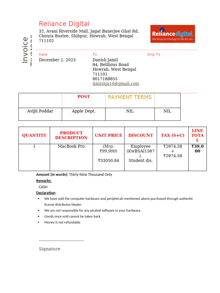 Reliance Digital Invoice for MacBook Pro | PDF