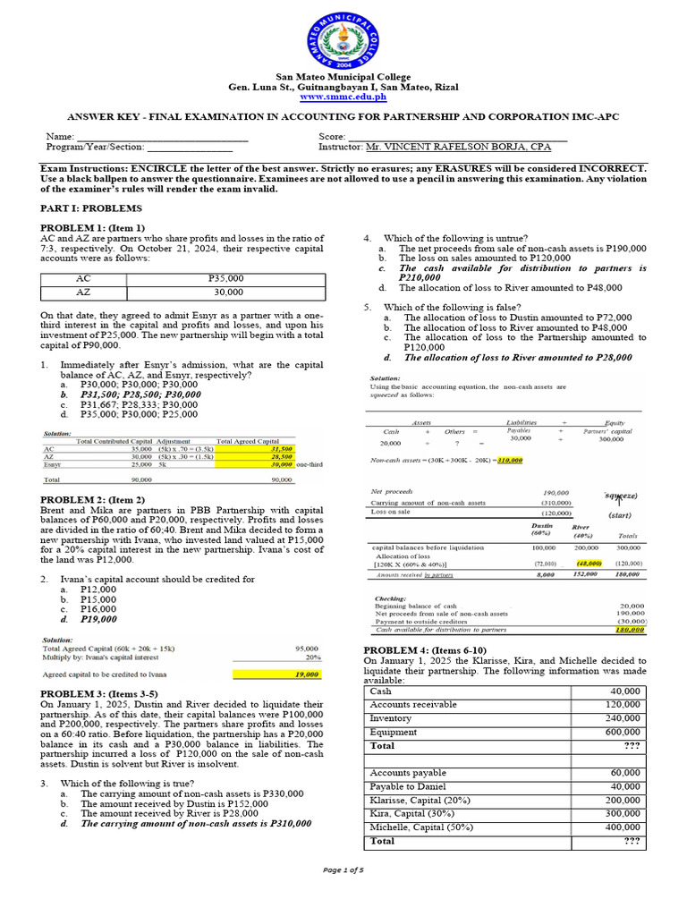 Accounting Exam Answer Key | PDF | Dividend | Equity (Finance)