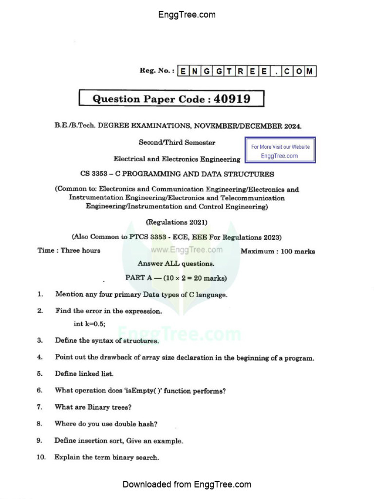 CS3353 C Programming and Data Structures Nov Dec 2024 Question Paper Download | PDF